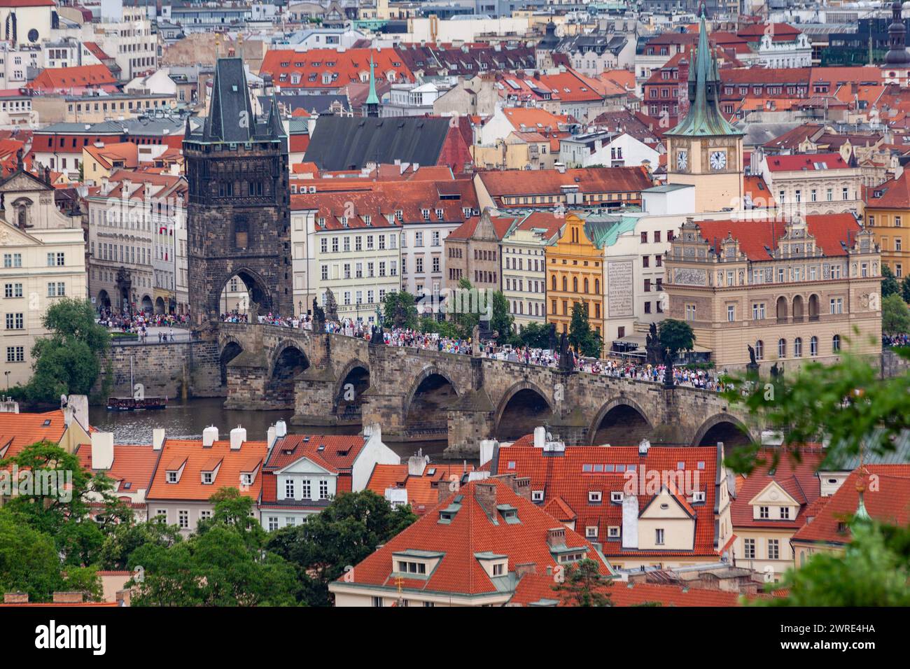Charles bridge (Karluv most) and the historical buildings in old town Prague, Czech Republic ...