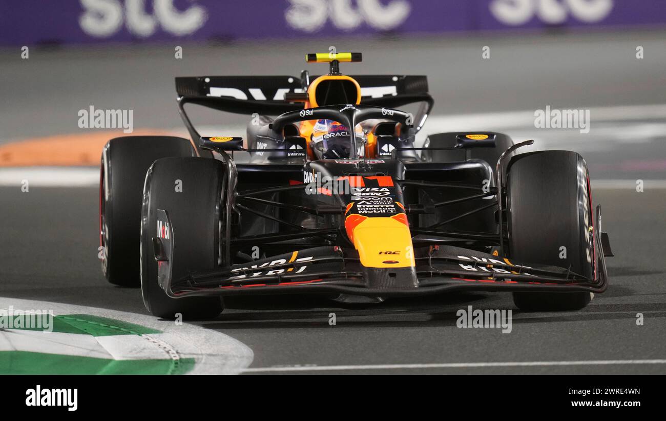 Red Bull driver Sergio Perez of Mexico steers his car during the Formula One Saudi Arabian Grand ...