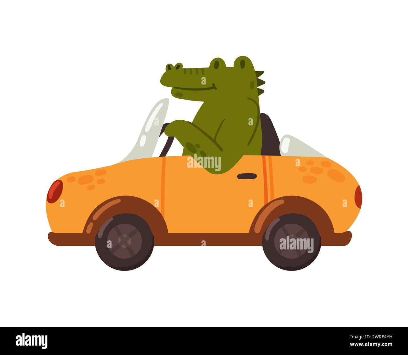 Crocodile driving a car. Animal using transport, funny wild driver flat ...