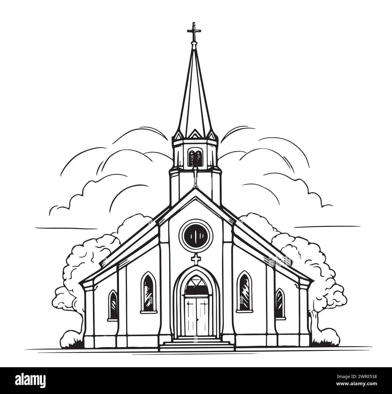 Catholic Church Sketch Hand Drawn Vector Illustration Stock Vector