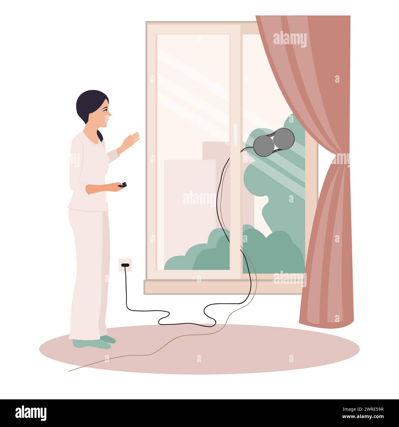 Woman cleaning windows at home with robotic cleaner. Vector ...