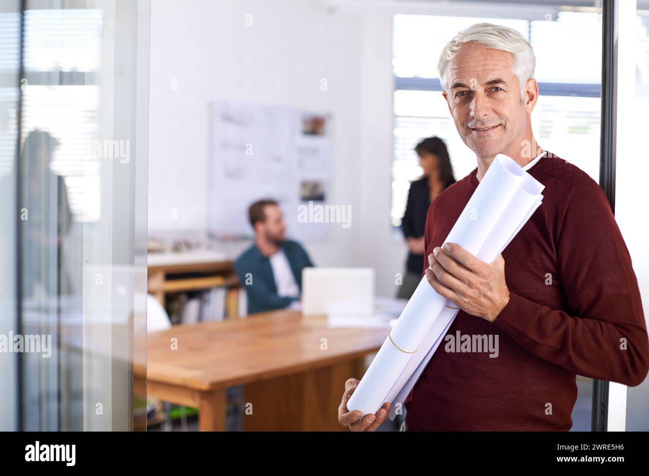 Architect, manager and planning with blueprint, design and architecture ...