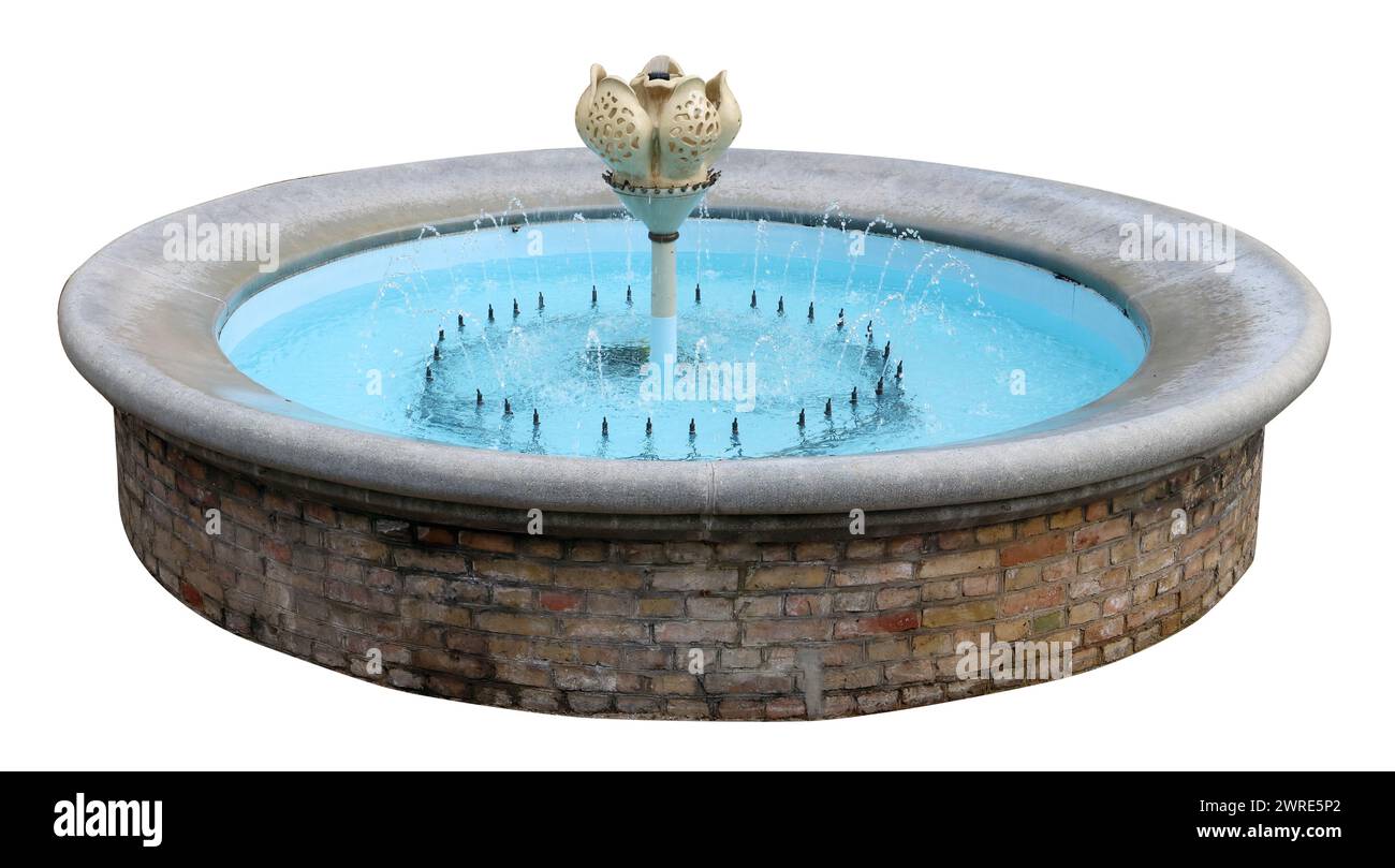 Small round fountain with blue water isolated on white Stock Photo - Alamy