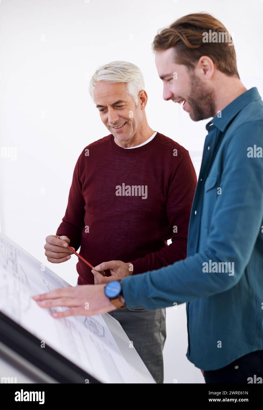 Architect, plan and drawing board in office for discuss, building for ...