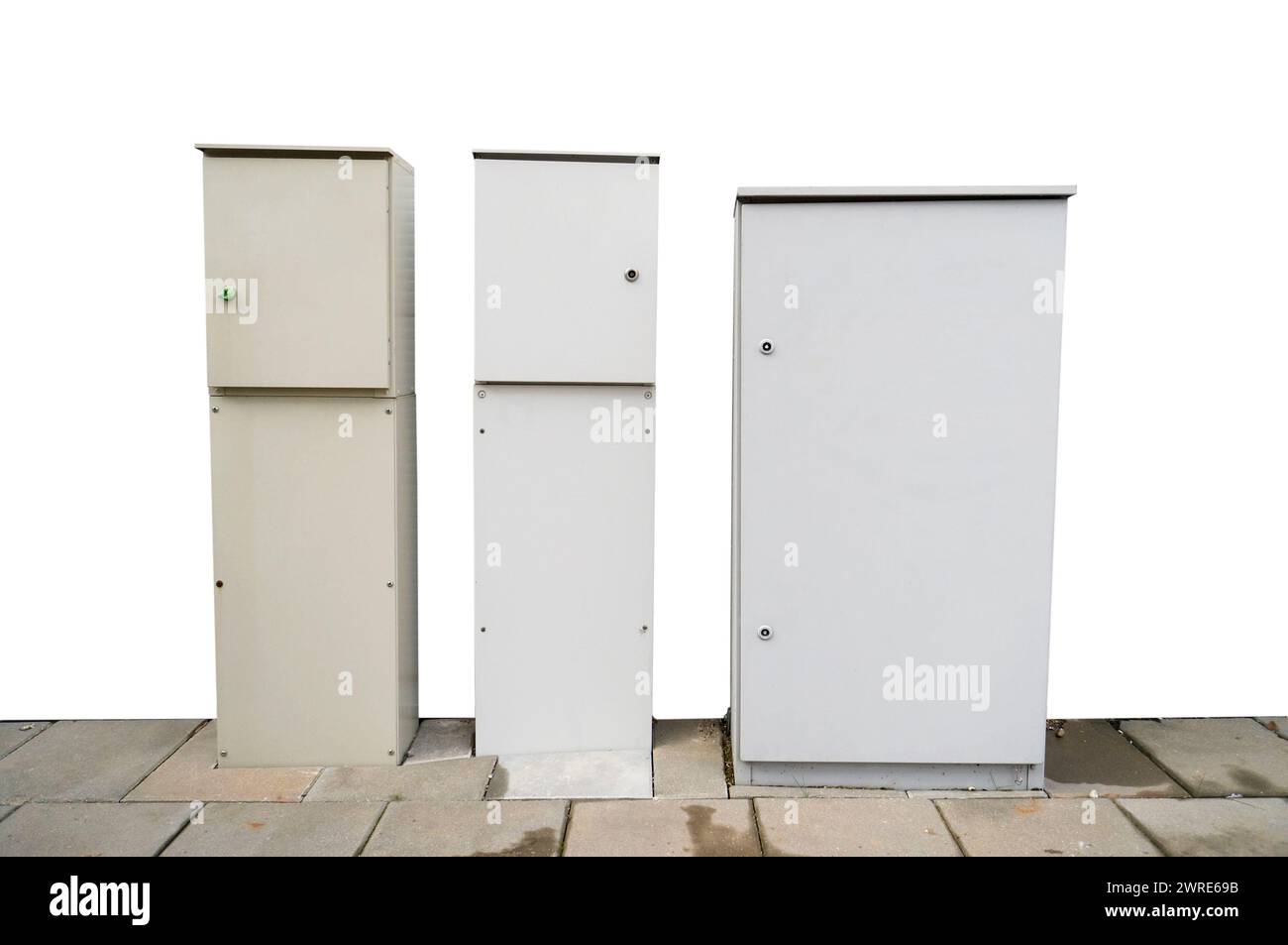 Steel boxes with electric power distributing devices. Iaolated on white ...
