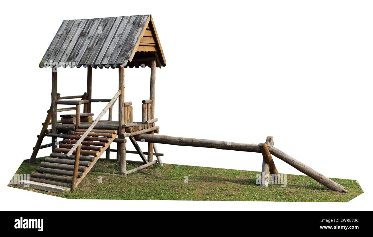 Homemade children's wooden playground made of logs. Isolated on white ...