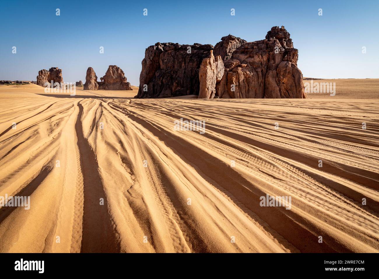Landscape of Erg Admer in the Sahara desert, Algeria. The tracks of ...