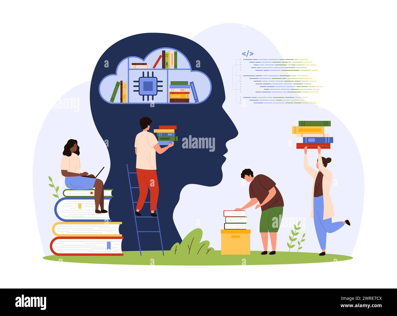 Digital data storage automation in cloud library with AI technology. Tiny people work with ...