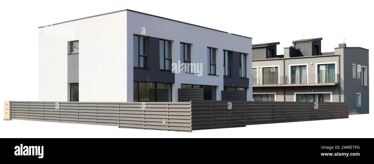 Unfinished construction of new standard homes. Isolated on white Stock ...