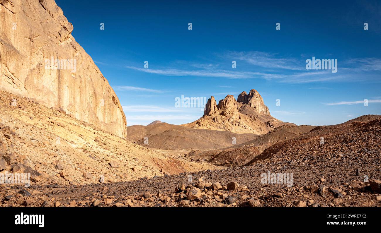 Hoggar landscape in the Sahara desert, Algeria. A view of the mountains ...
