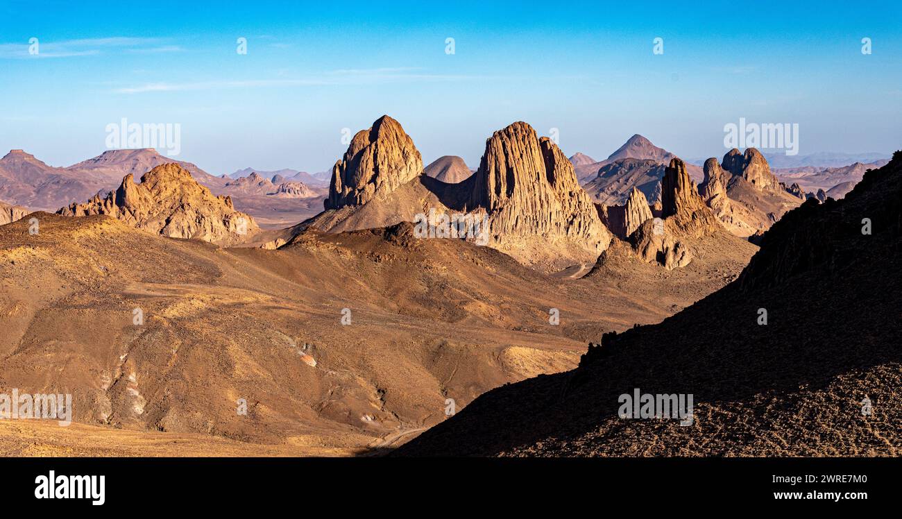 Hoggar landscape in the Sahara desert, Algeria. A view of the mountains ...