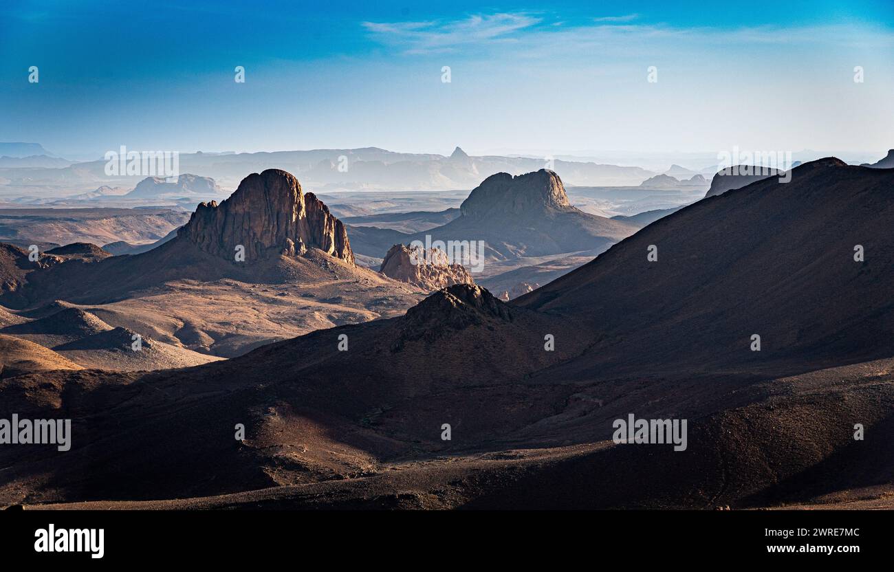 Hoggar landscape in the Sahara desert, Algeria. A view of the mountains ...