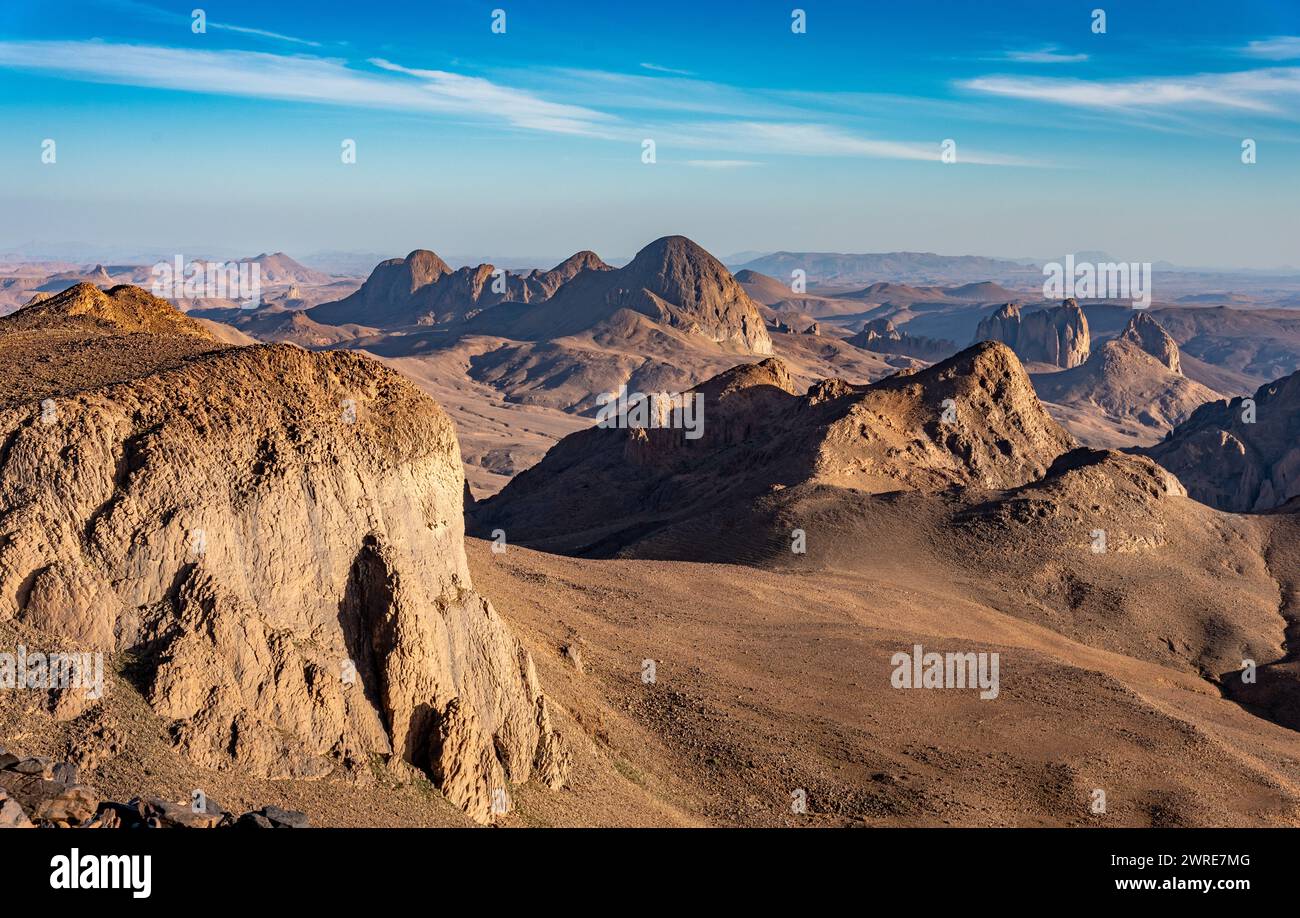 Hoggar landscape in the Sahara desert, Algeria. A view of the mountains ...