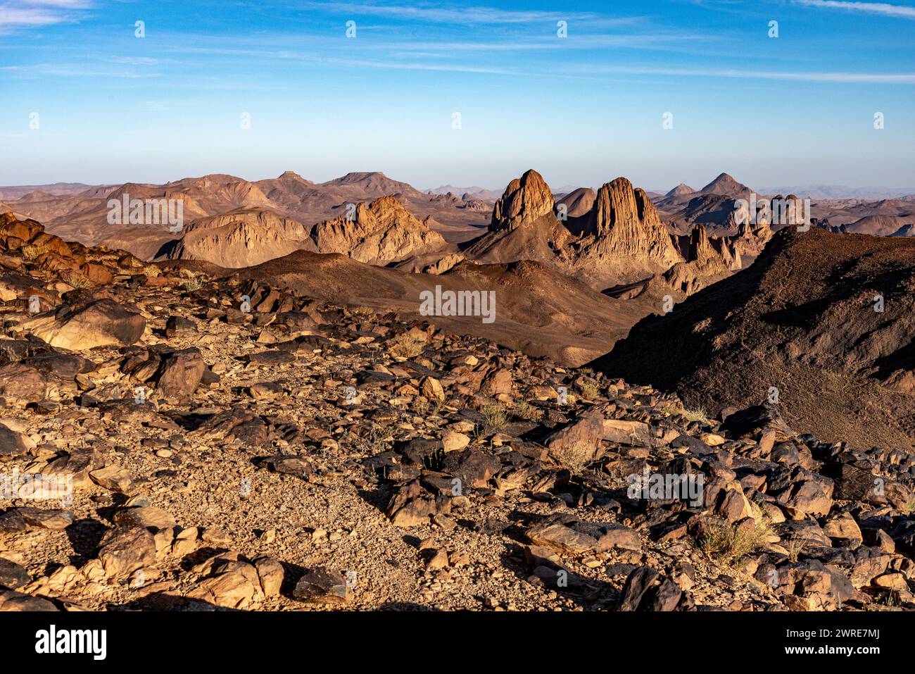 Hoggar landscape in the Sahara desert, Algeria. A view of the mountains ...