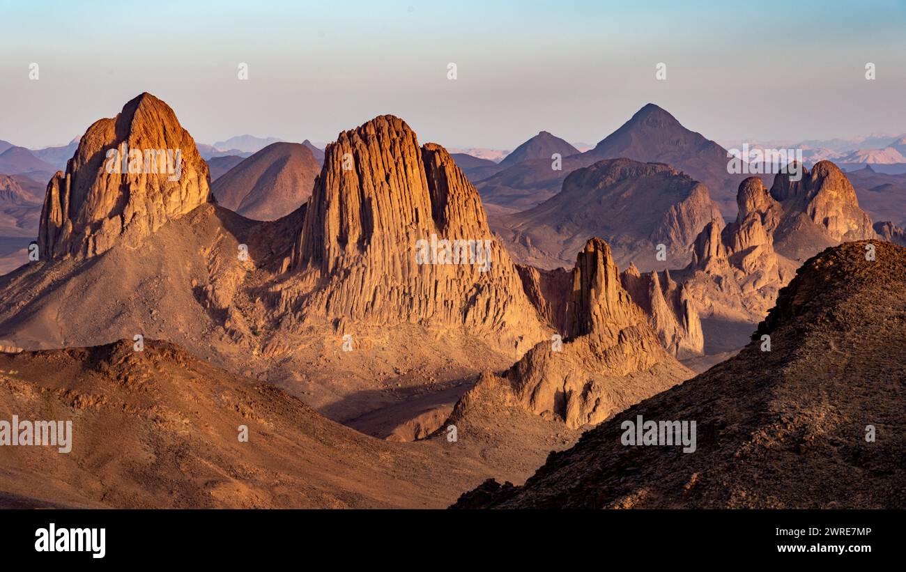 Hoggar landscape in the Sahara desert, Algeria. A view of the mountains ...