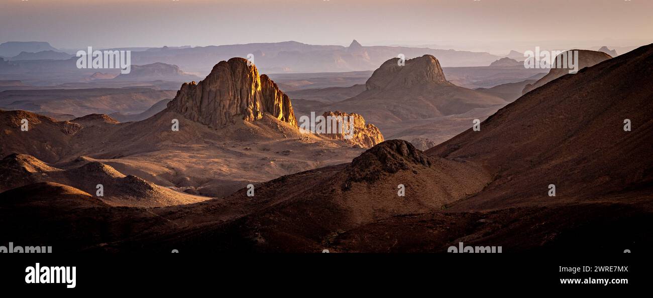 Hoggar landscape in the Sahara desert, Algeria. A view of the mountains ...