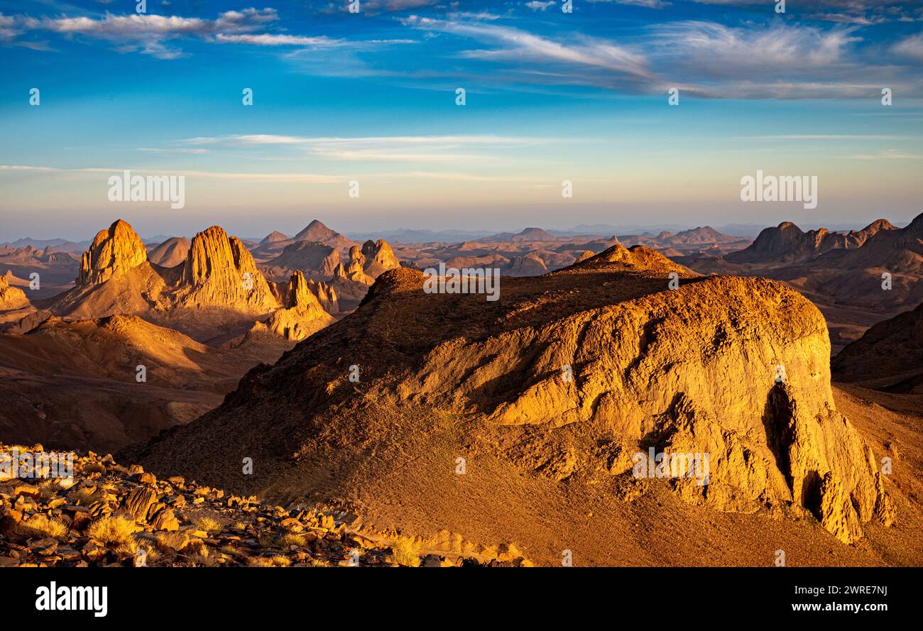 Hoggar landscape in the Sahara desert, Algeria. A view of the mountains ...