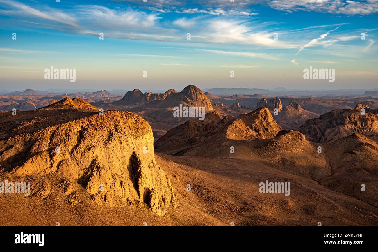Hoggar landscape in the Sahara desert, Algeria. A view of the mountains ...