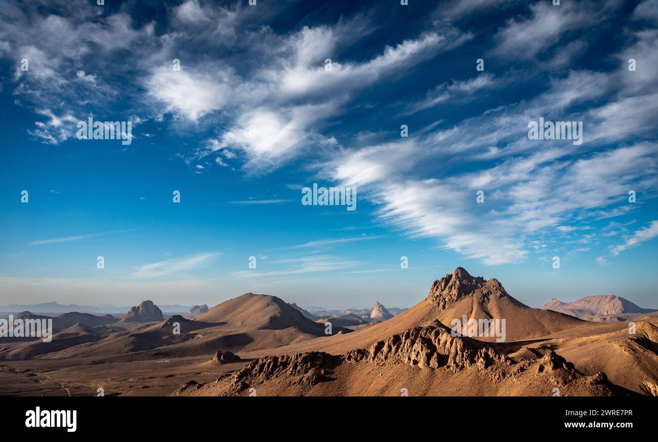 Hoggar landscape in the Sahara desert, Algeria. A view of the mountains ...