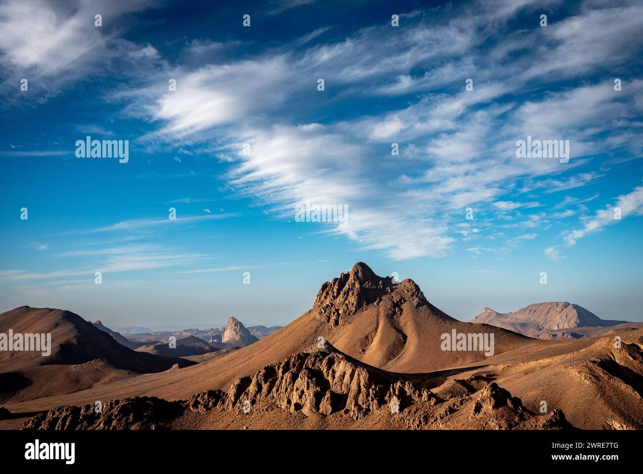 Hoggar landscape in the Sahara desert, Algeria. A view of the mountains ...