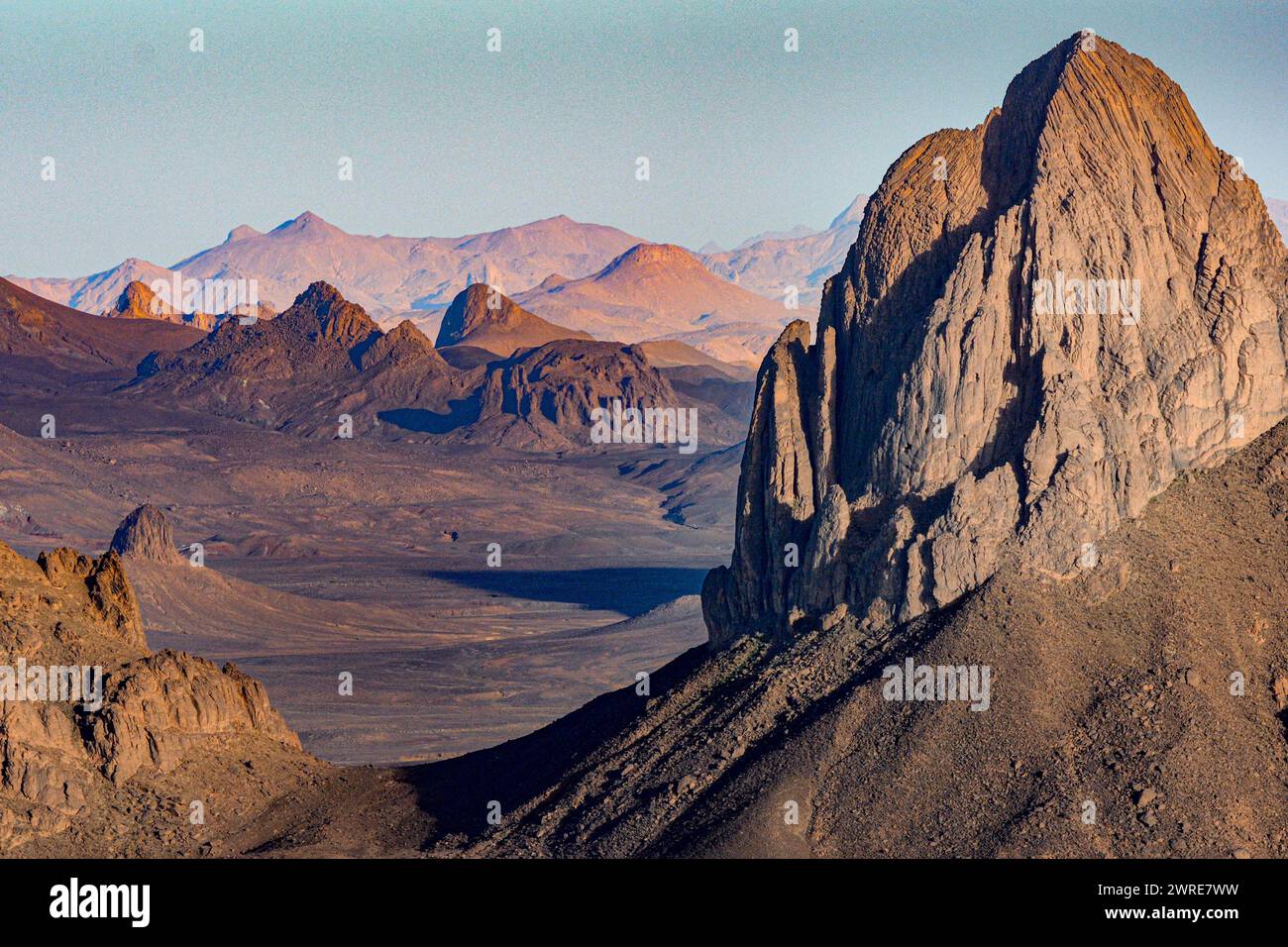 Hoggar landscape in the Sahara desert, Algeria. A view of the mountains ...