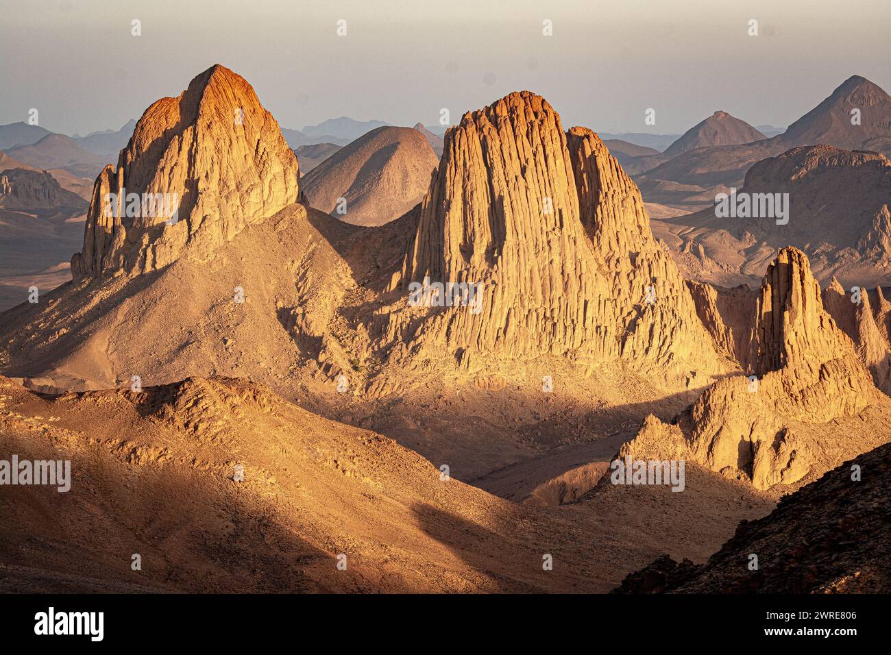Hoggar landscape in the Sahara desert, Algeria. A view of the mountains ...