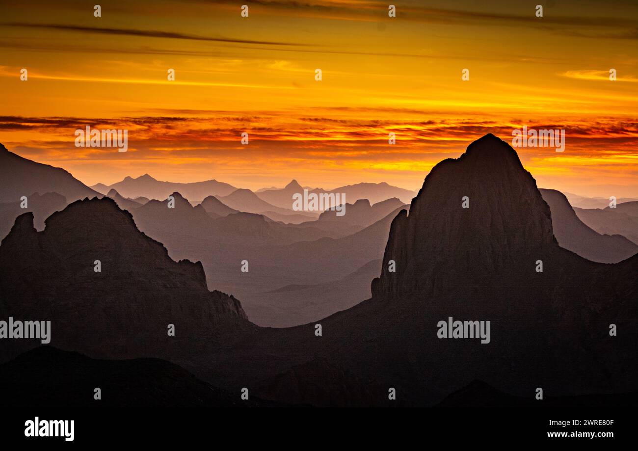 Hoggar landscape in the Sahara desert, Algeria. A view from Assekrem of ...