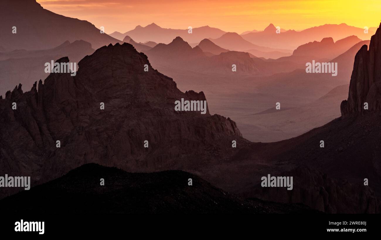 Hoggar landscape in the Sahara desert, Algeria. A view from Assekrem of ...