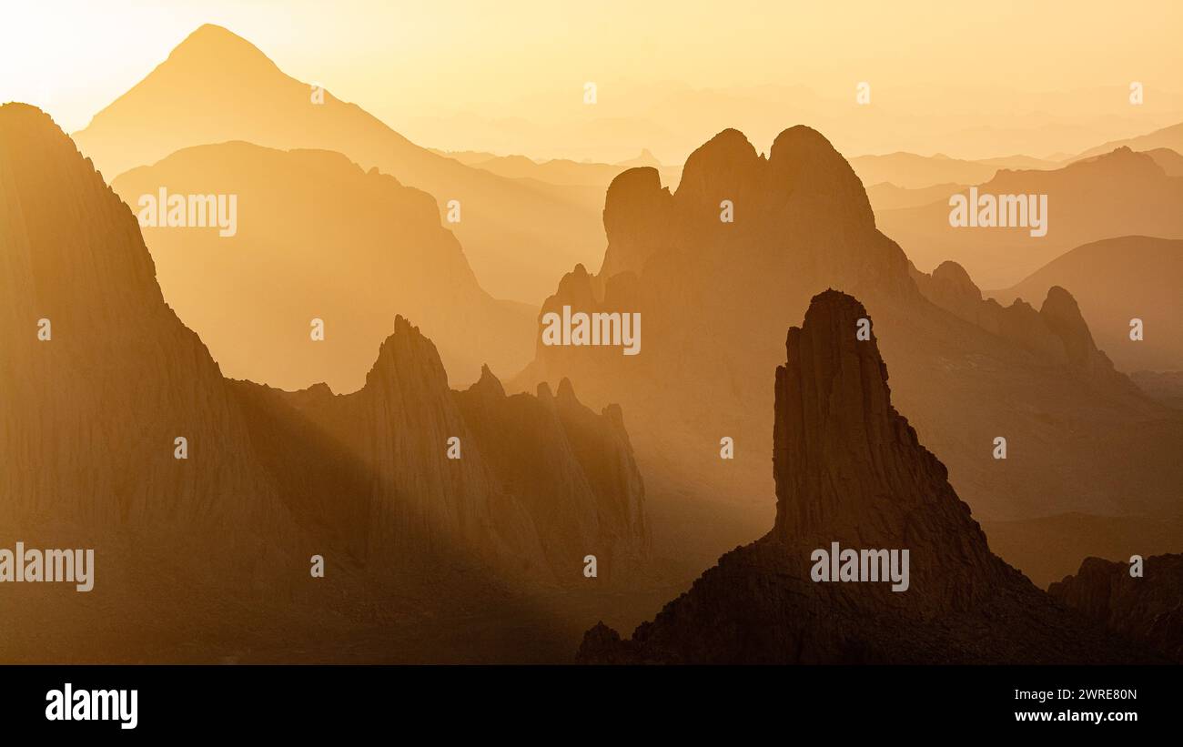 Hoggar landscape in the Sahara desert, Algeria. A view from Assekrem of ...