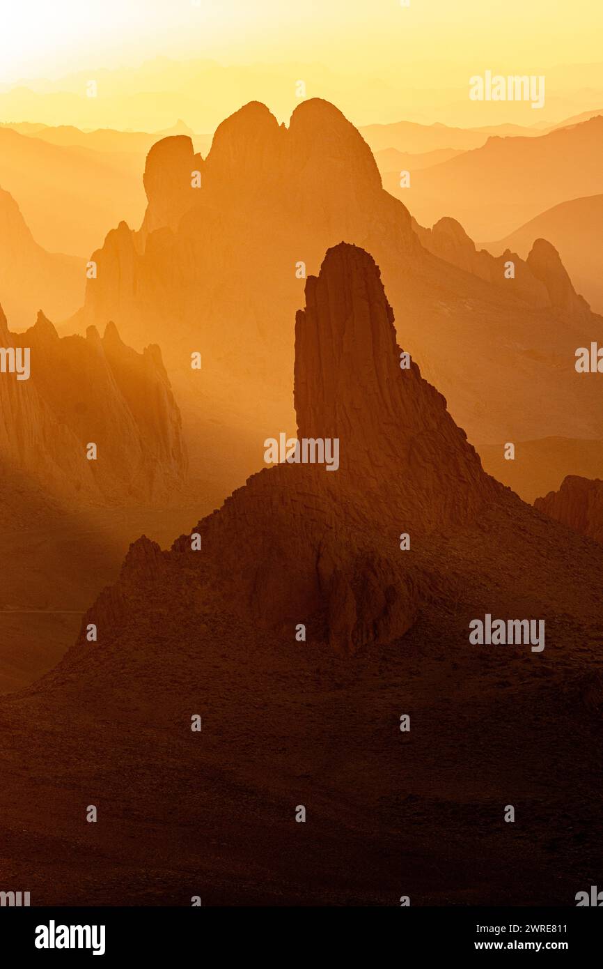 Hoggar landscape in the Sahara desert, Algeria. A view from Assekrem of ...