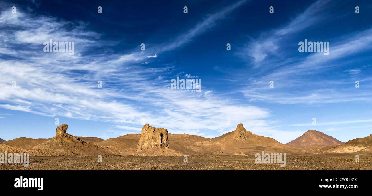 Hoggar landscape in the Sahara desert, Algeria. A view of the mountains ...