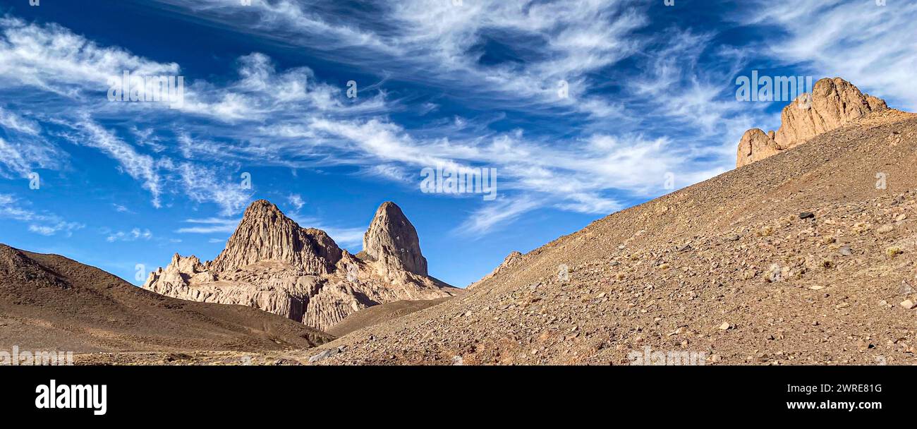 Hoggar landscape in the Sahara desert, Algeria. A view of the mountains ...
