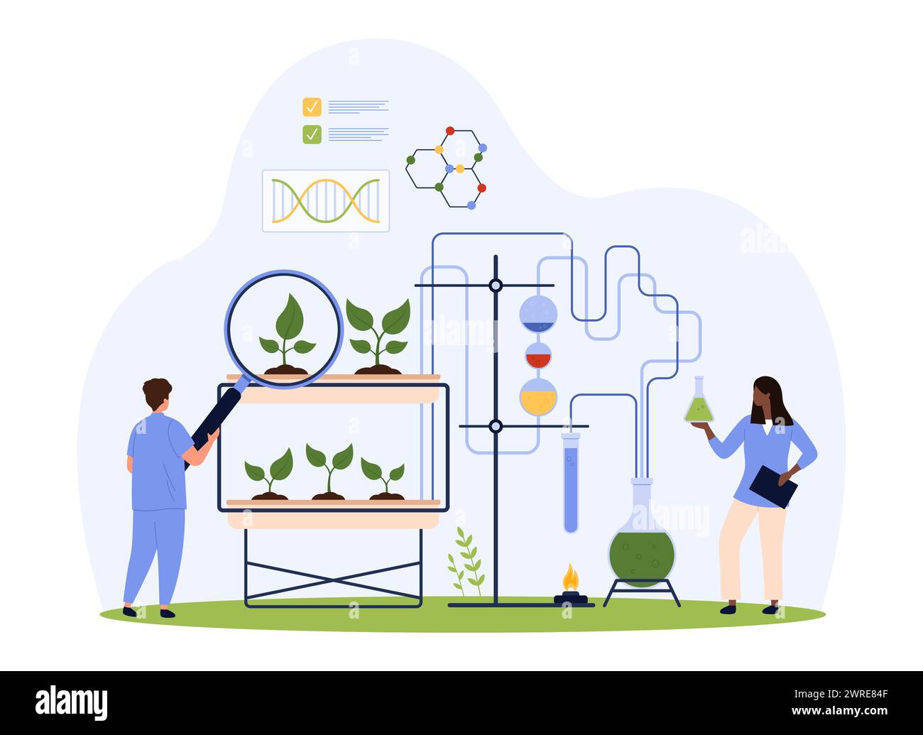 Science research in laboratory, biotechnology. Tiny people test green ...