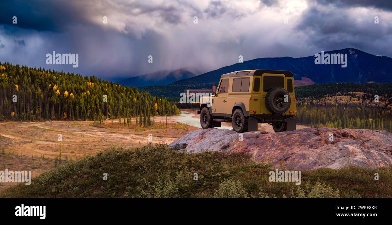 Land Rover Defender parked on a Rocky Peak with River in Green Valley ...