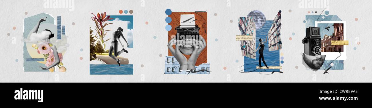 Creative collage image of gentle woman flowers sport typewriter library ...