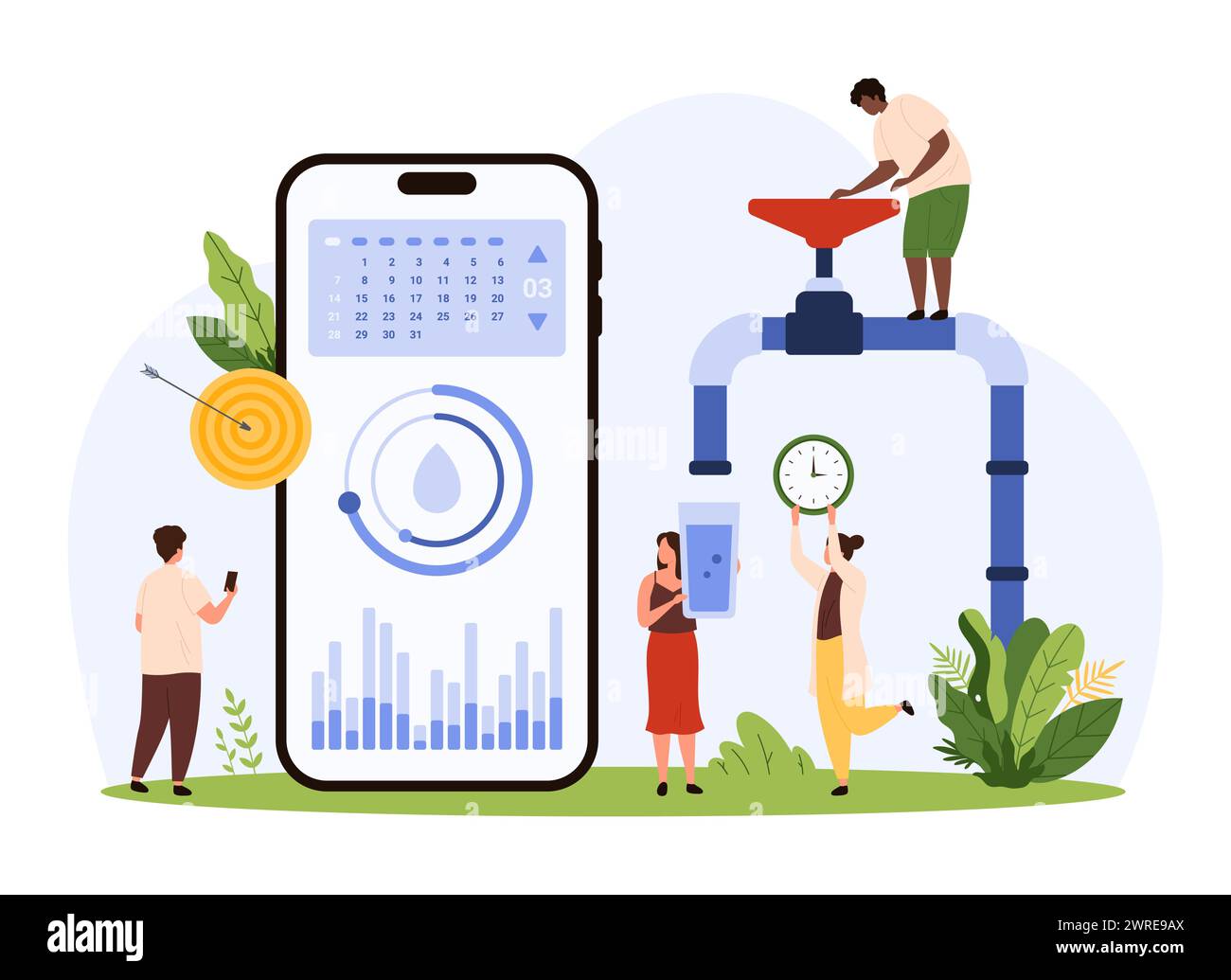 Drink water and hydration mobile app for phone. Tiny people using ...