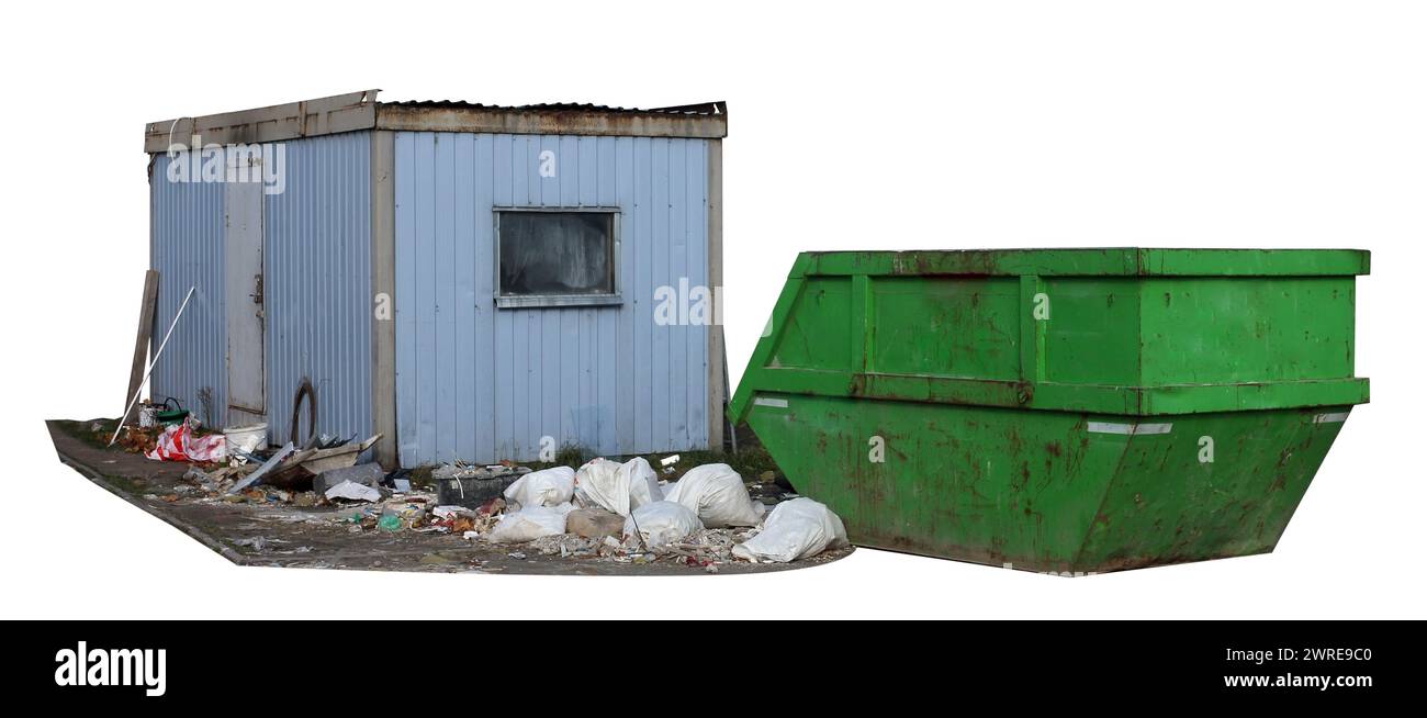 Iron shed, container and garbage on construction site. Isolated on ...