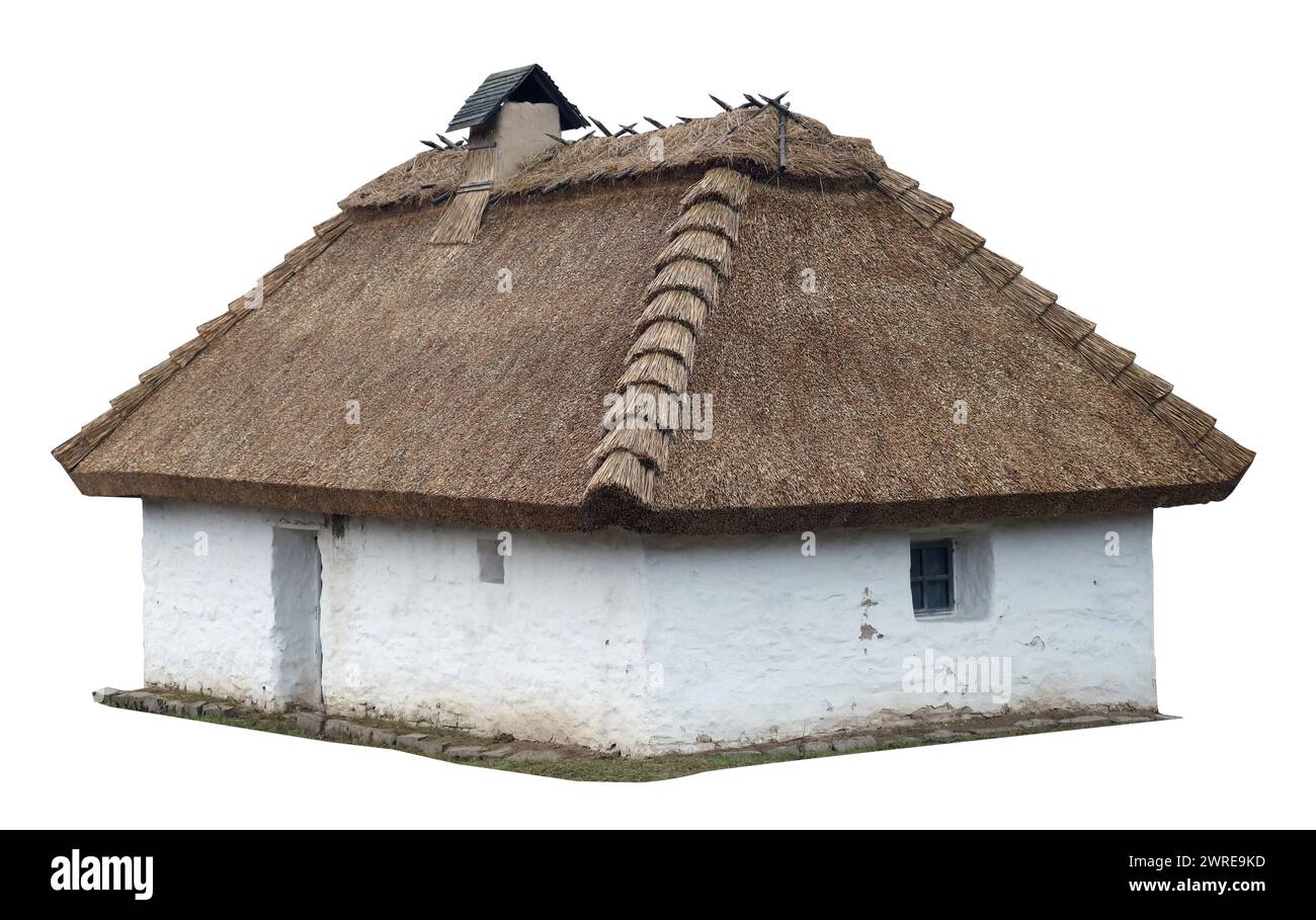 Rustic barn with thatched roof built from clay. Isolated on white Stock ...