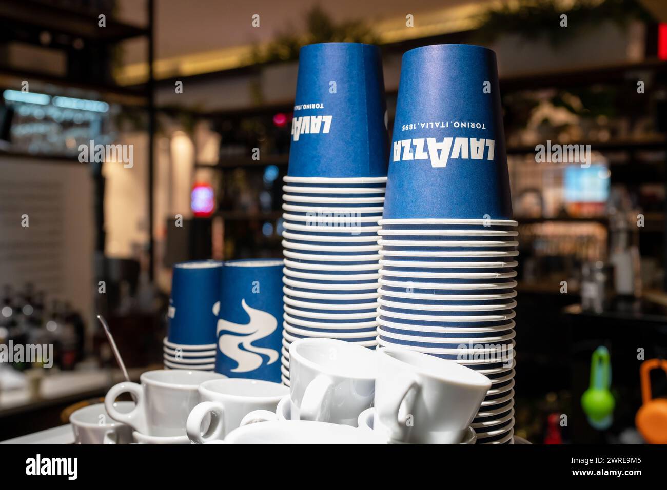 Lavazza brand logo on disposable coffee cups. Minsk, Belarus - february ...