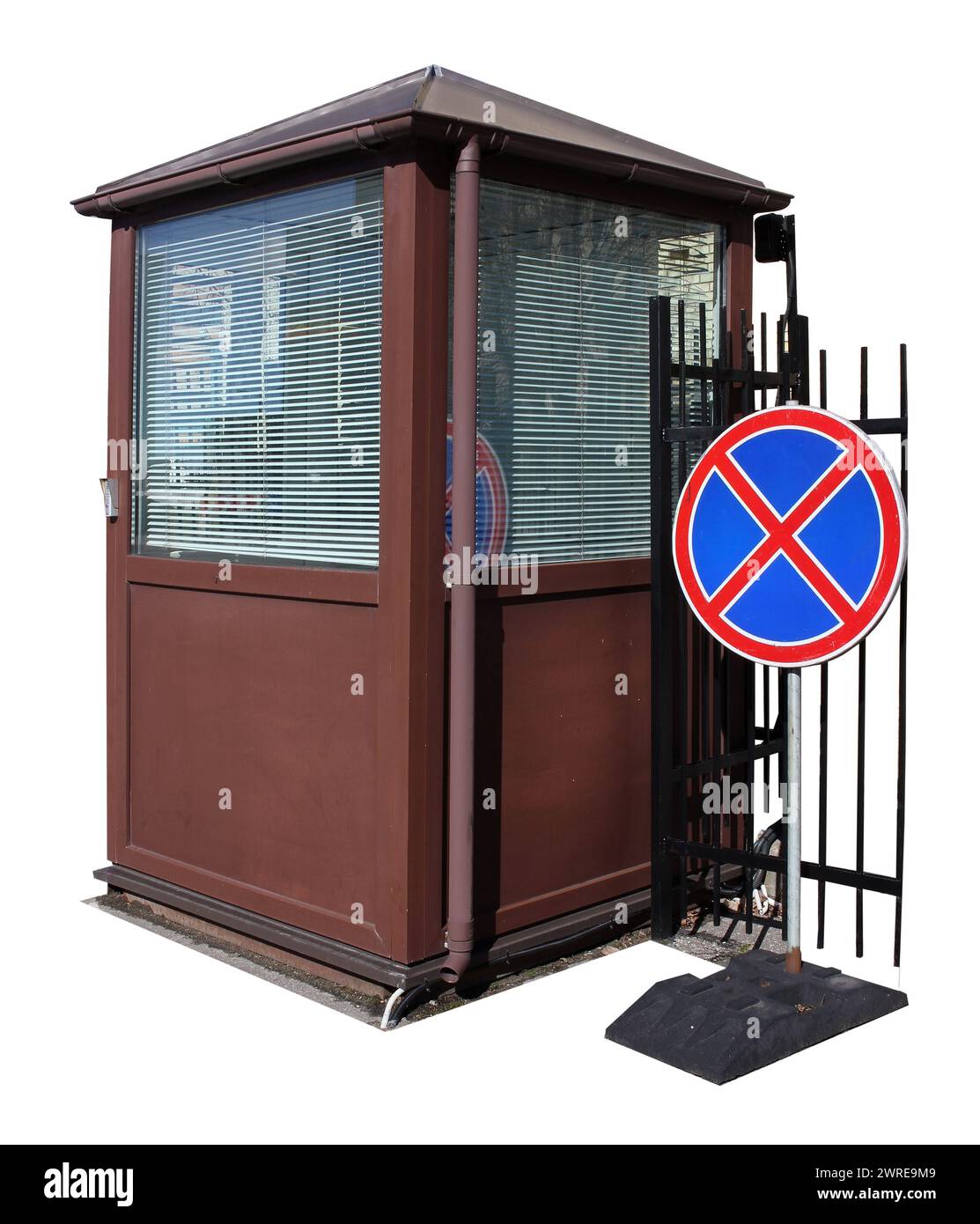 Security guard booth and road sign in the parking lot. Isolated on ...