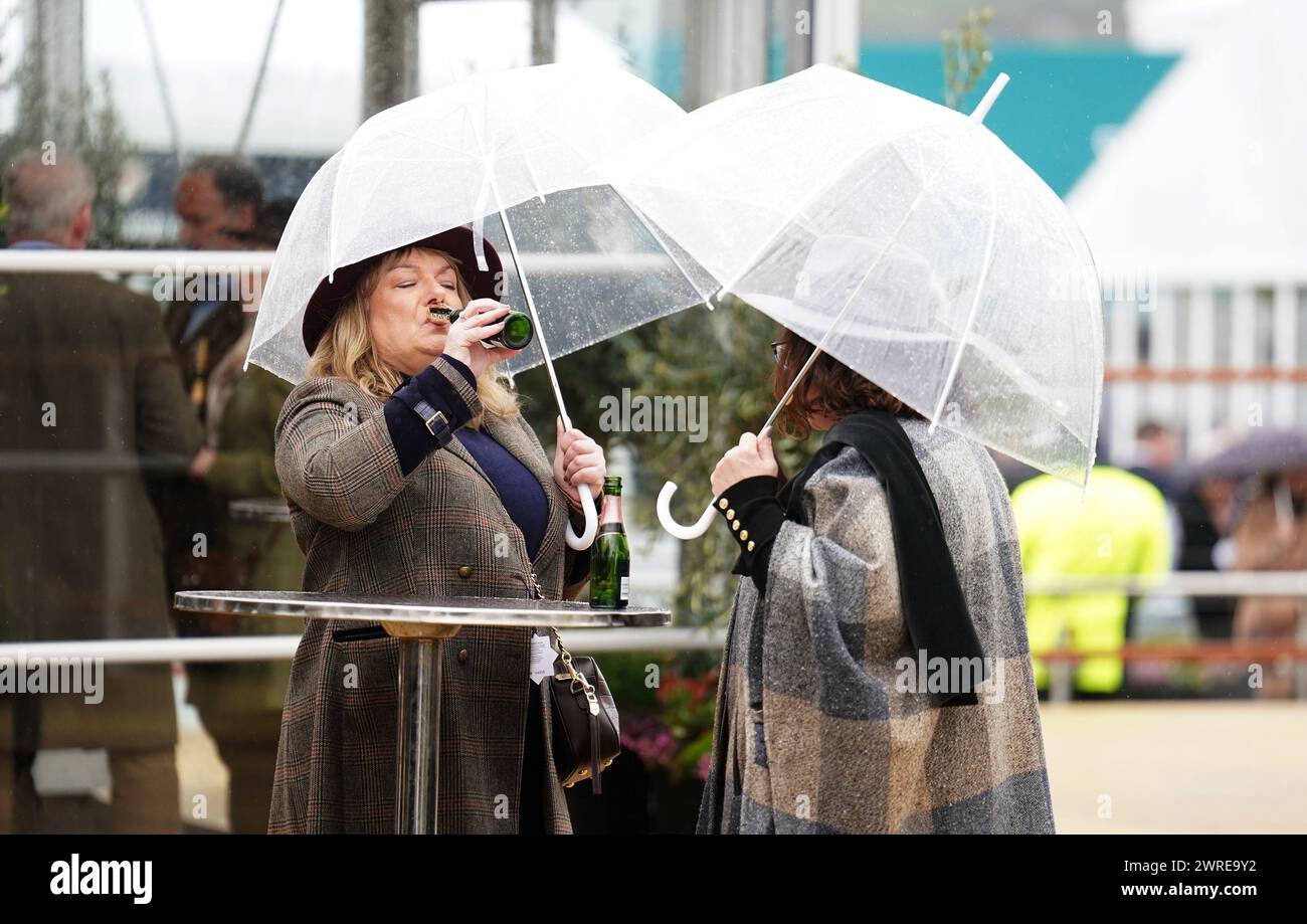 Racegoers drinking champagne on day one of the 2024 Cheltenham Festival ...
