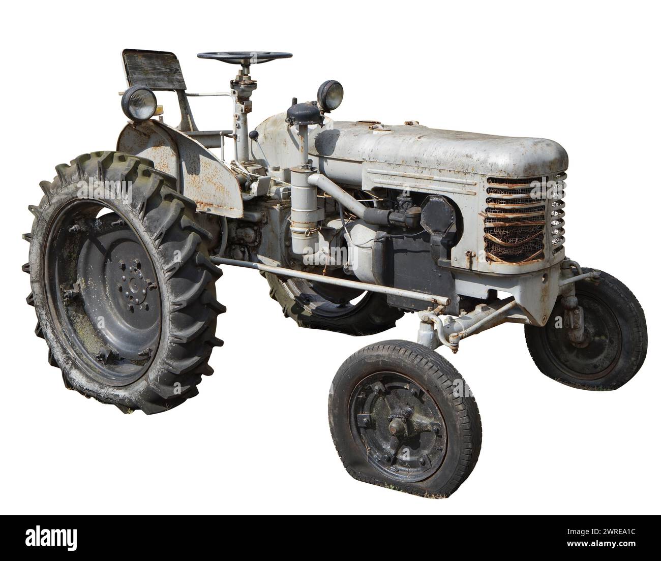 Vintage broken rusty agricultural machinery. Isolated on white Stock ...