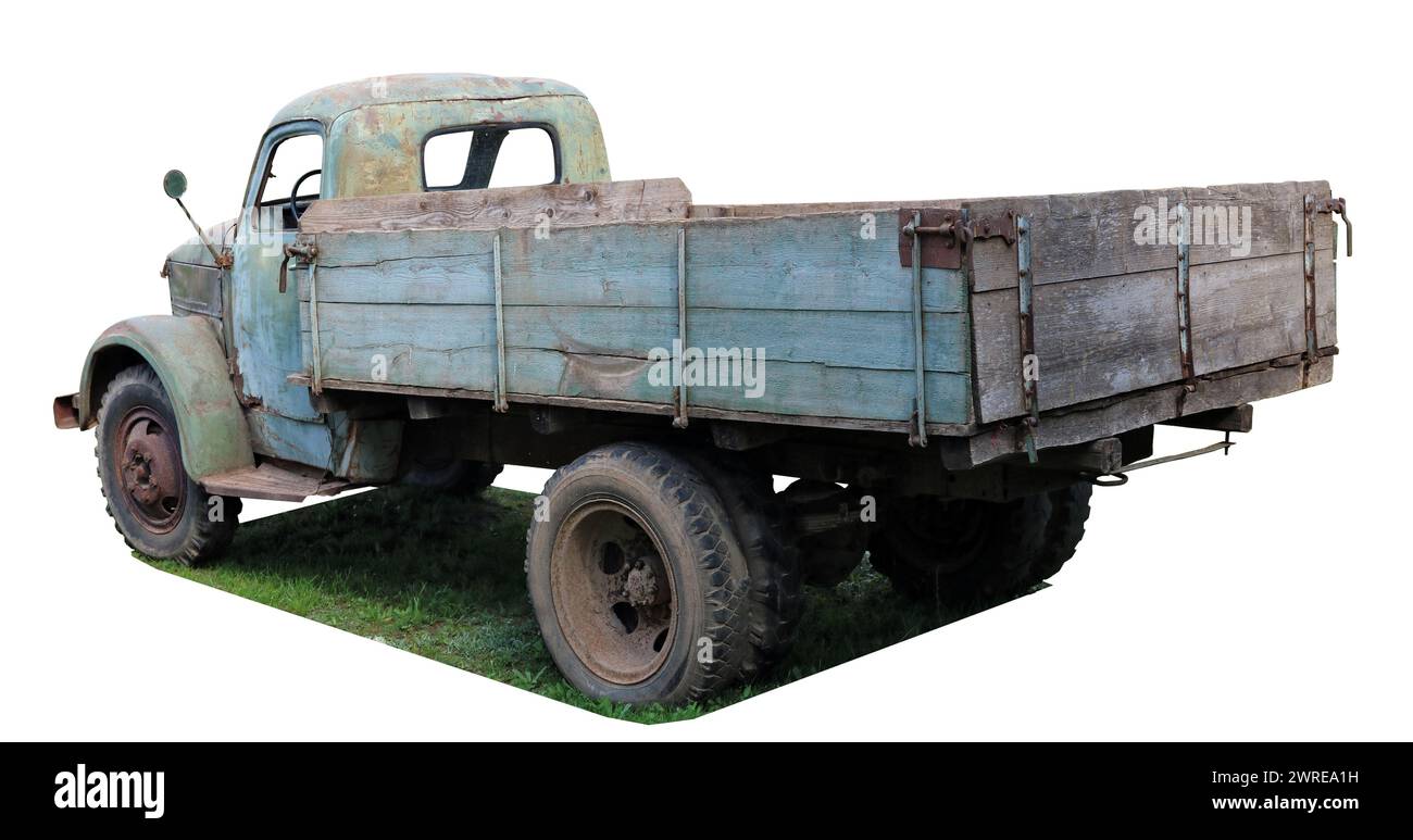 Vintage broken rusty agricultural machinery -truck. Isolated on white ...