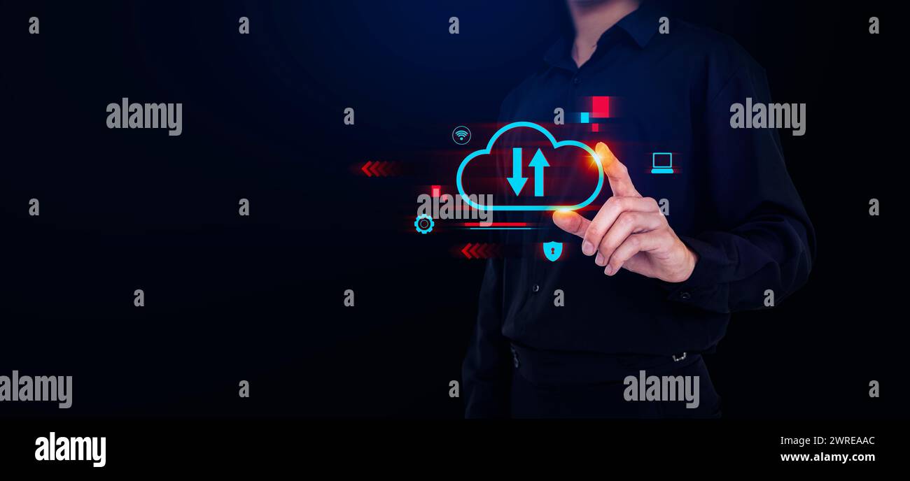 Seamless network connection, a businessman holding cloud computing ...