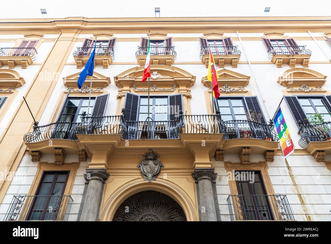 Palermo, Italy - May 13, 2023: Facade of an old classic building with ...
