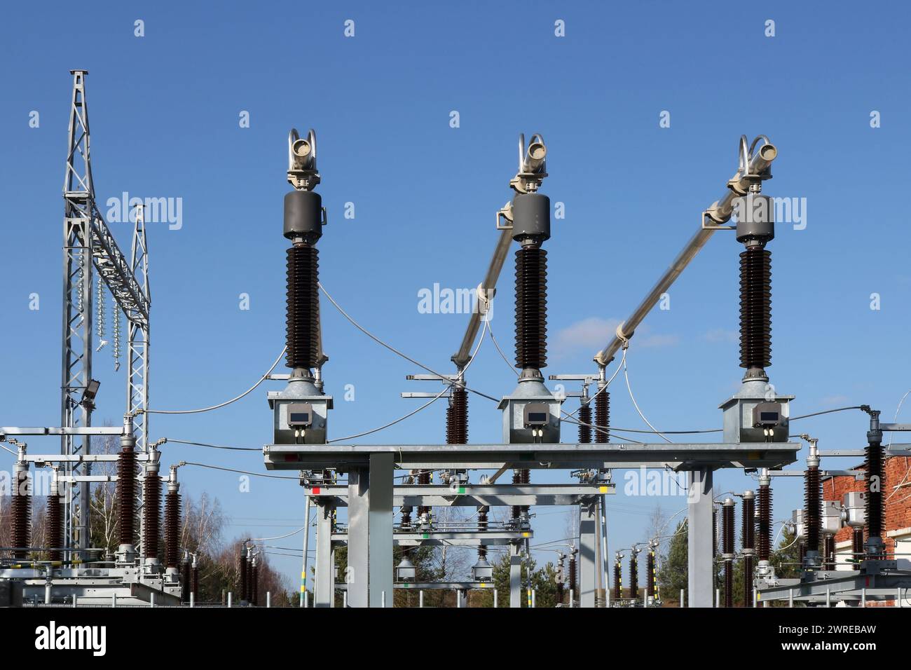 Three phase high voltage ceramic insulators Stock Photo - Alamy