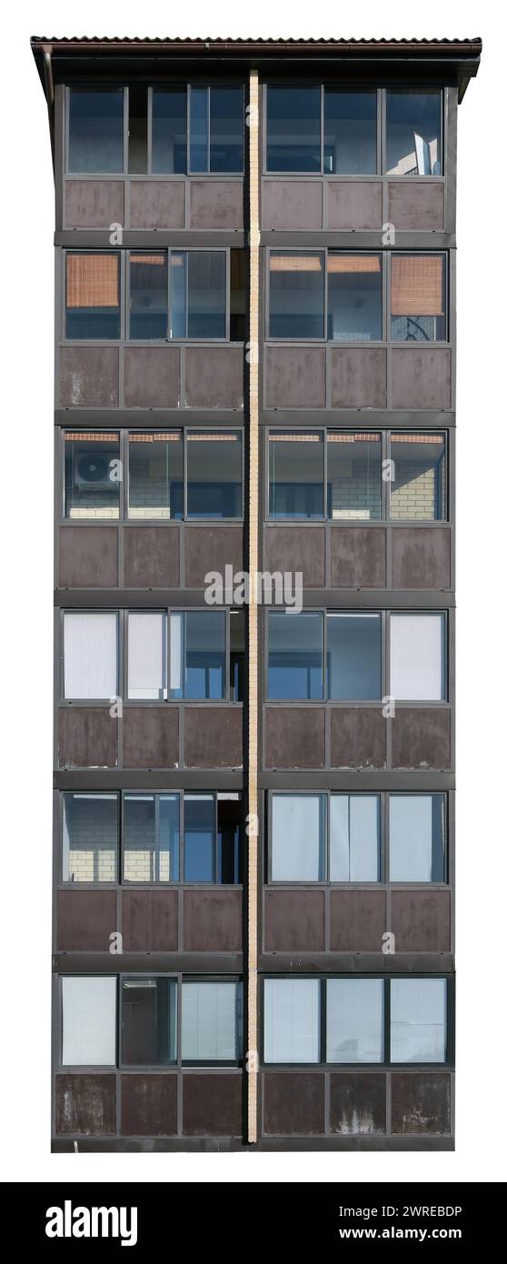 Balcony system in a standard six-story building. Isolated on white ...