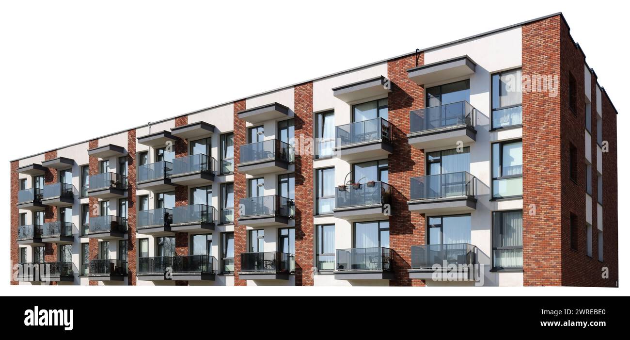 Windows and balconies of a red brick standard residential building ...