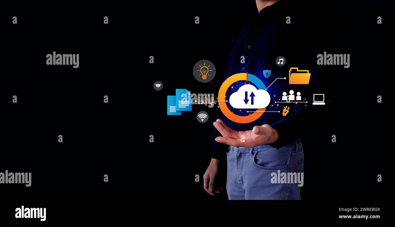 Seamless network connection, a businessman holding cloud computing ...