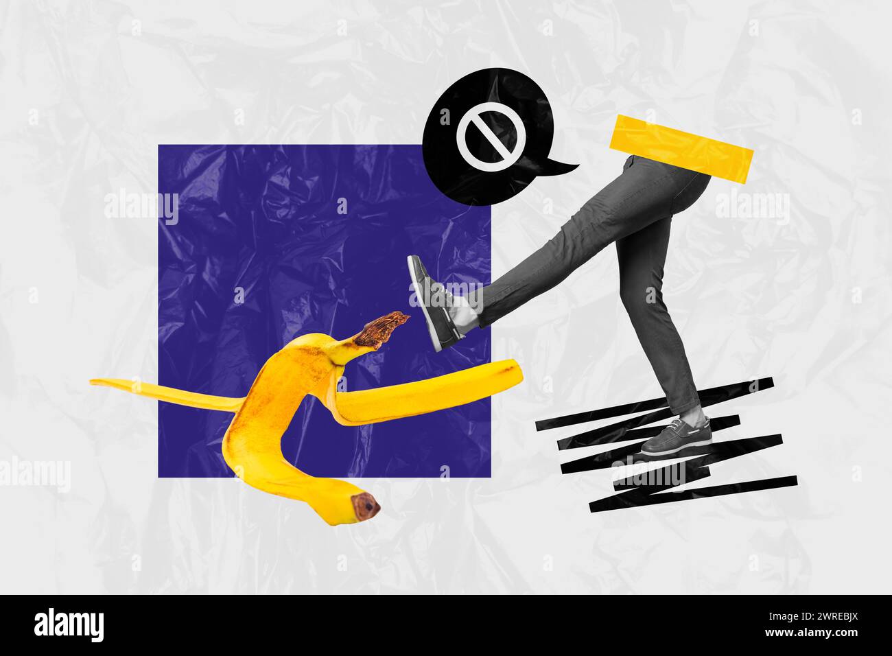 Composite photo collage of human leg kick banana peel waste pollution ...